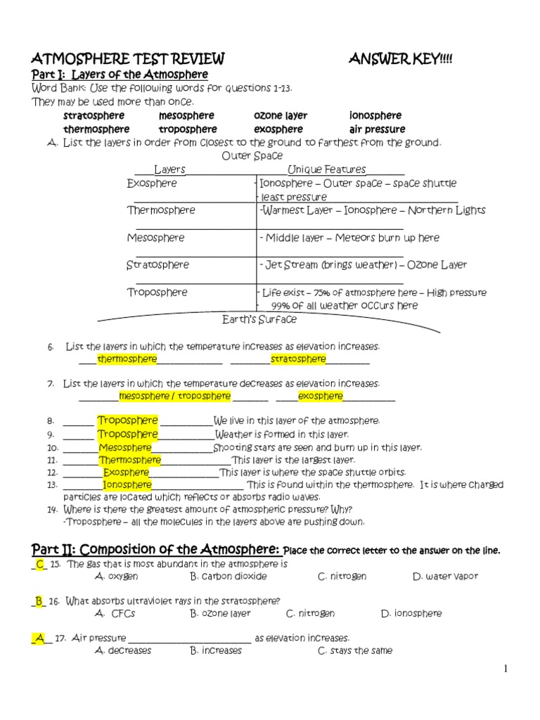 Layers Of The Atmosphere Worksheet Answer Key