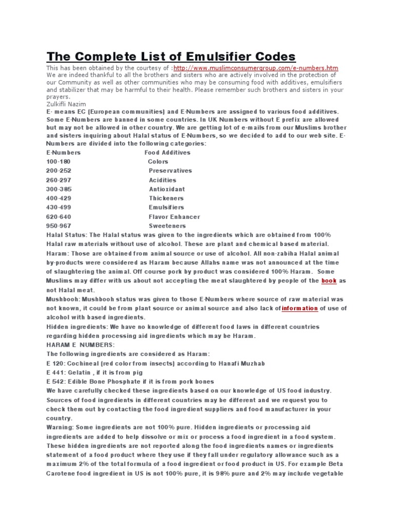 The Complete List of Emulsifier Codes | PDF | Salt (Chemistry) | Food ...