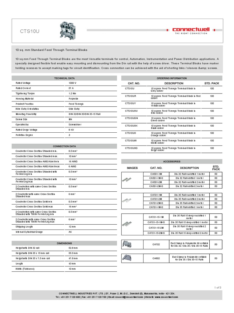 CTS10U: 10 Sq. MM Standard Feed Through Terminal Blocks | PDF ...