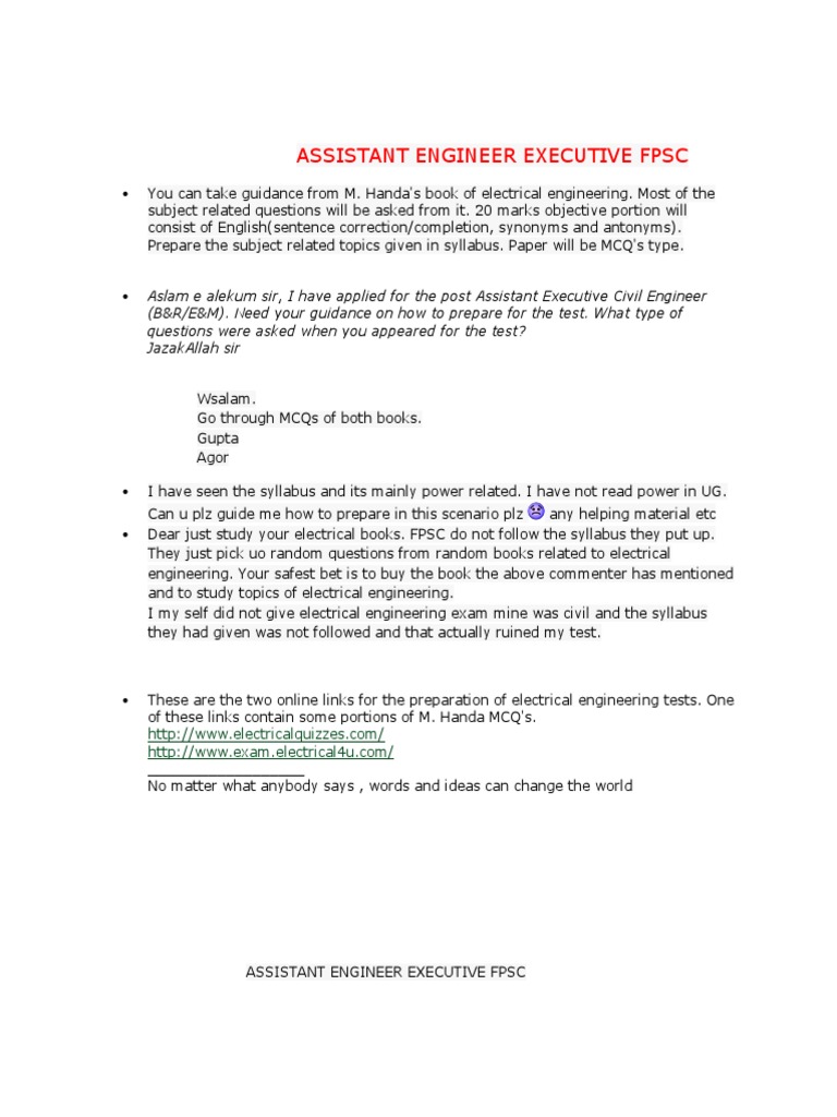 ASSISTANT ENGINEER EXECUTIVE FPSC Past Paper PDF | Download Free PDF ...