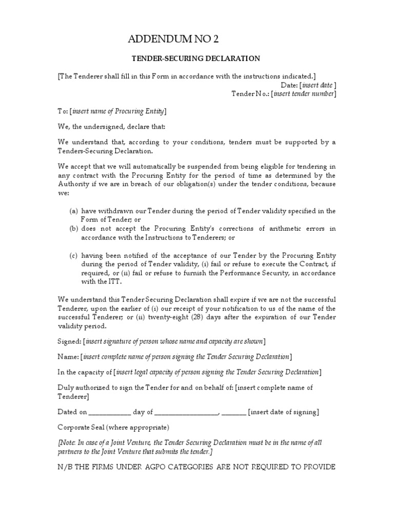 Addendum No 2: Tender-Securing Declaration Form | PDF | Virtue ...