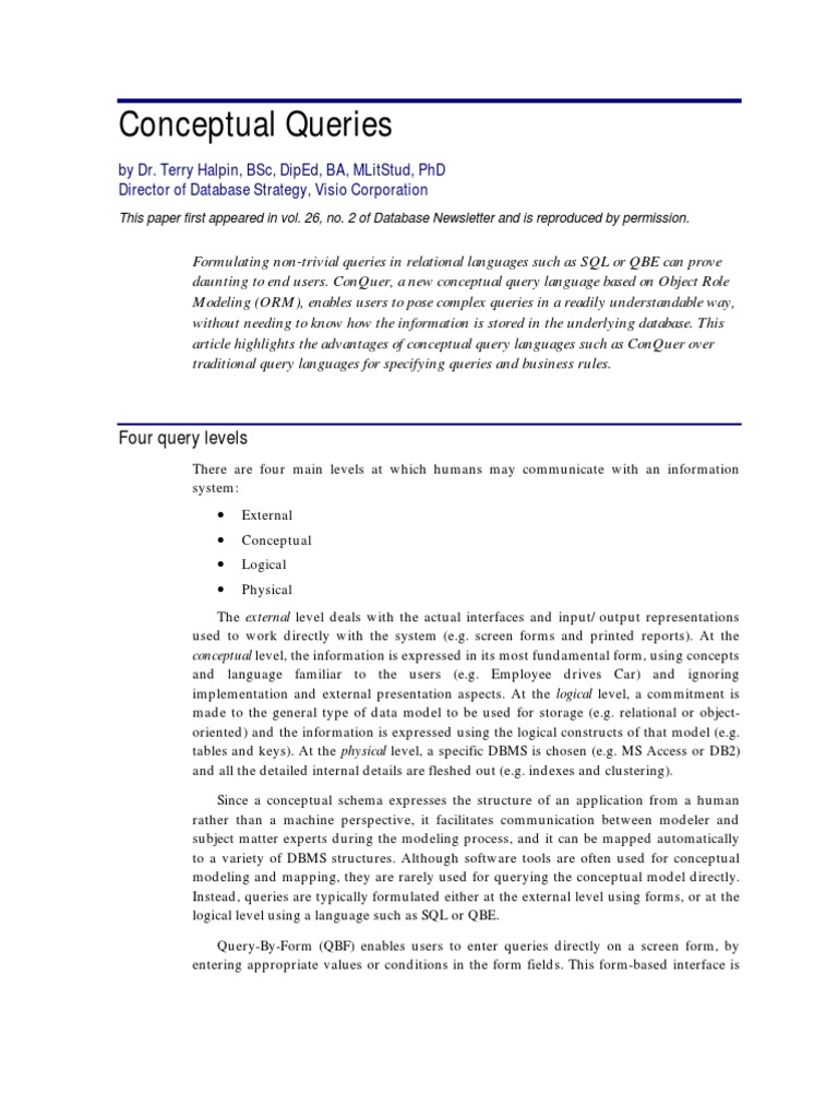 Conceptual Queries: by Dr. Terry Halpin, BSC, Diped, Ba, Mlitstud, PHD ...