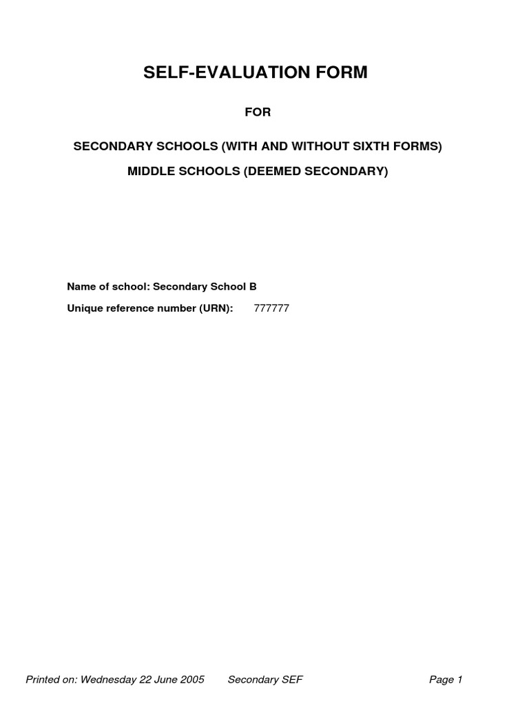 Self Evaluation Form Name Of School Unique Reference Number URN