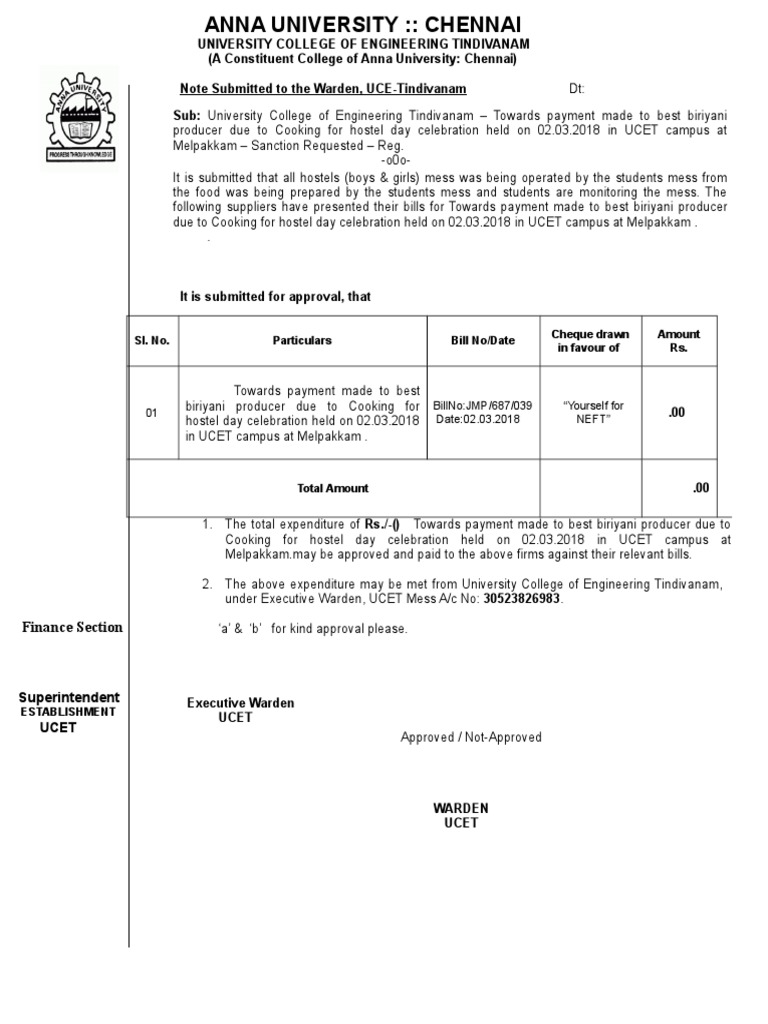 Finance Section: Sl. No. Particulars Bill No/Date Cheque Drawn in ...