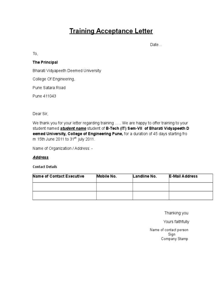 Training Acceptance Letter | PDF