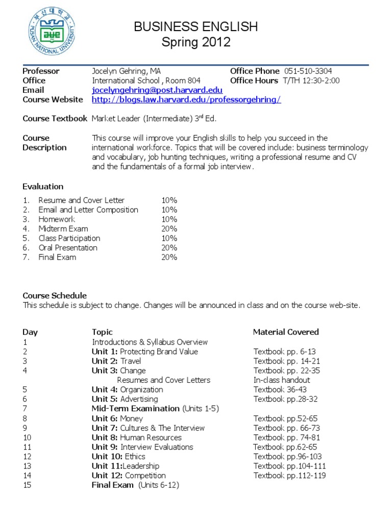 Business English Course Syllabus | PDF | Textbook | Syllabus