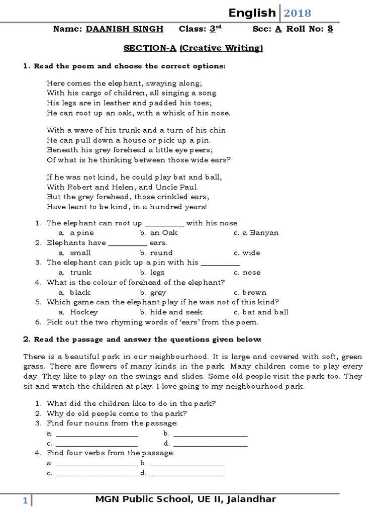 English Assessment Grade 3 | PDF | Elephant | Libraries