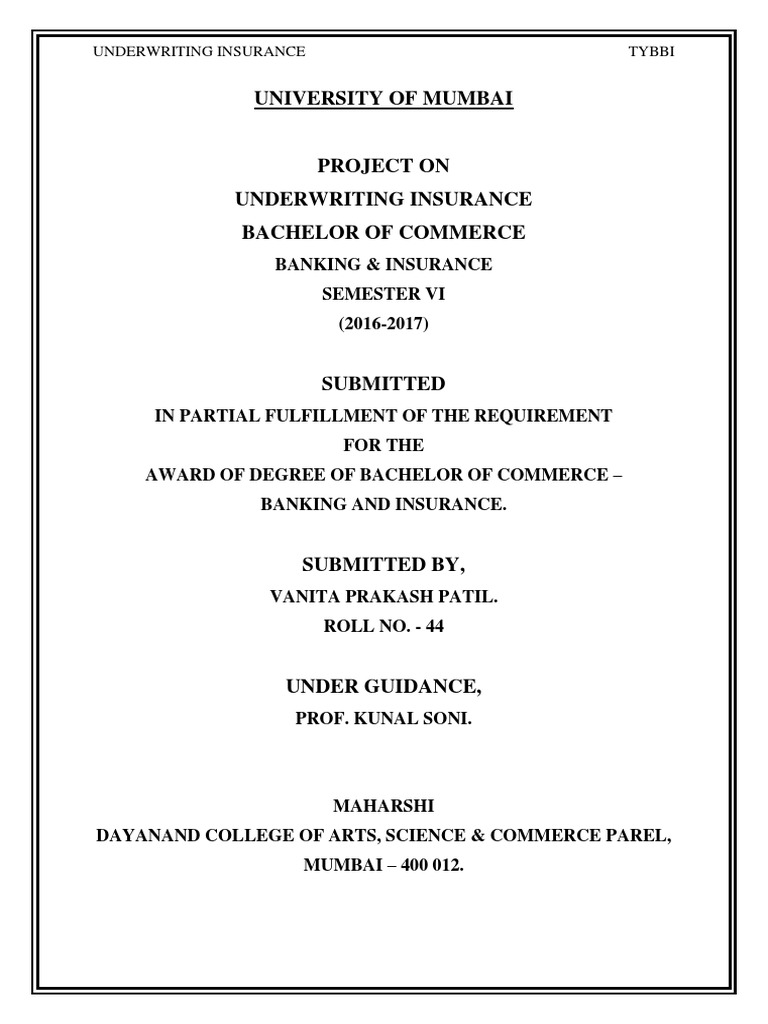 University Of Mumbai Underwriting Insurance Tybbi PDF Underwriting