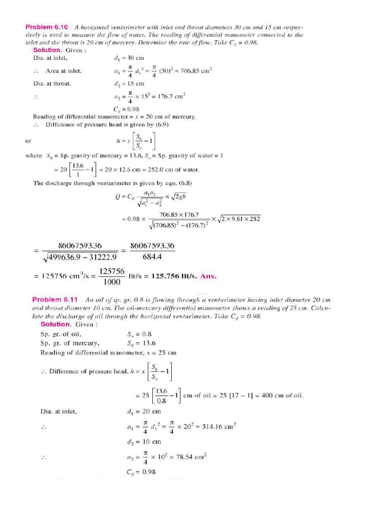 Venturi Meter Problems | PDF