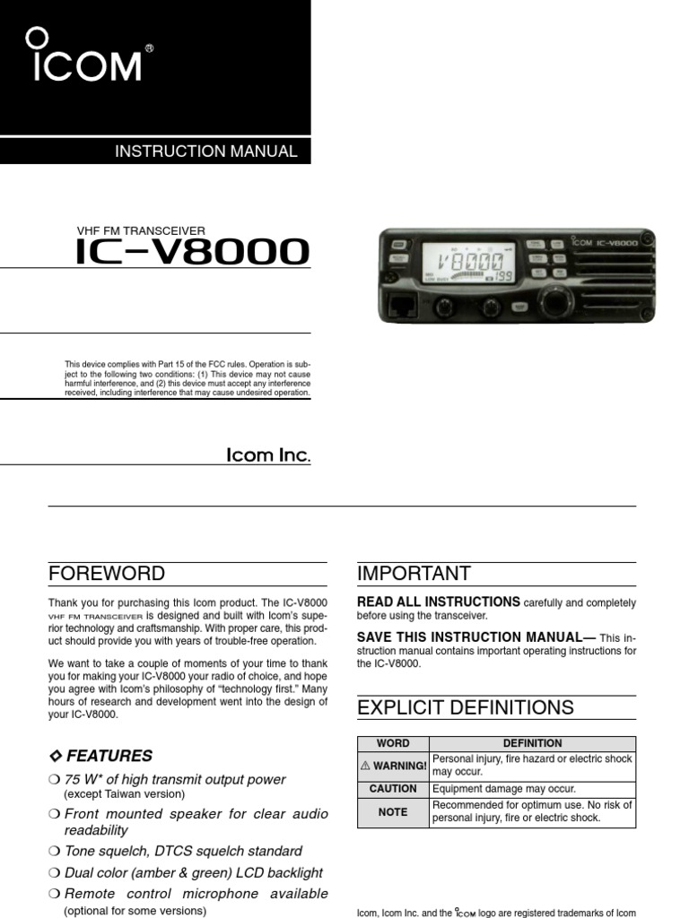 Icom IC-V8000 Instruction Manual | PDF | Electrical Connector | Radio