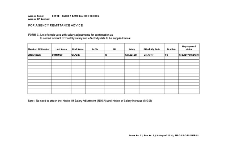 For Agency Remittance Advice: FORM C. List of Employees With Salary ...