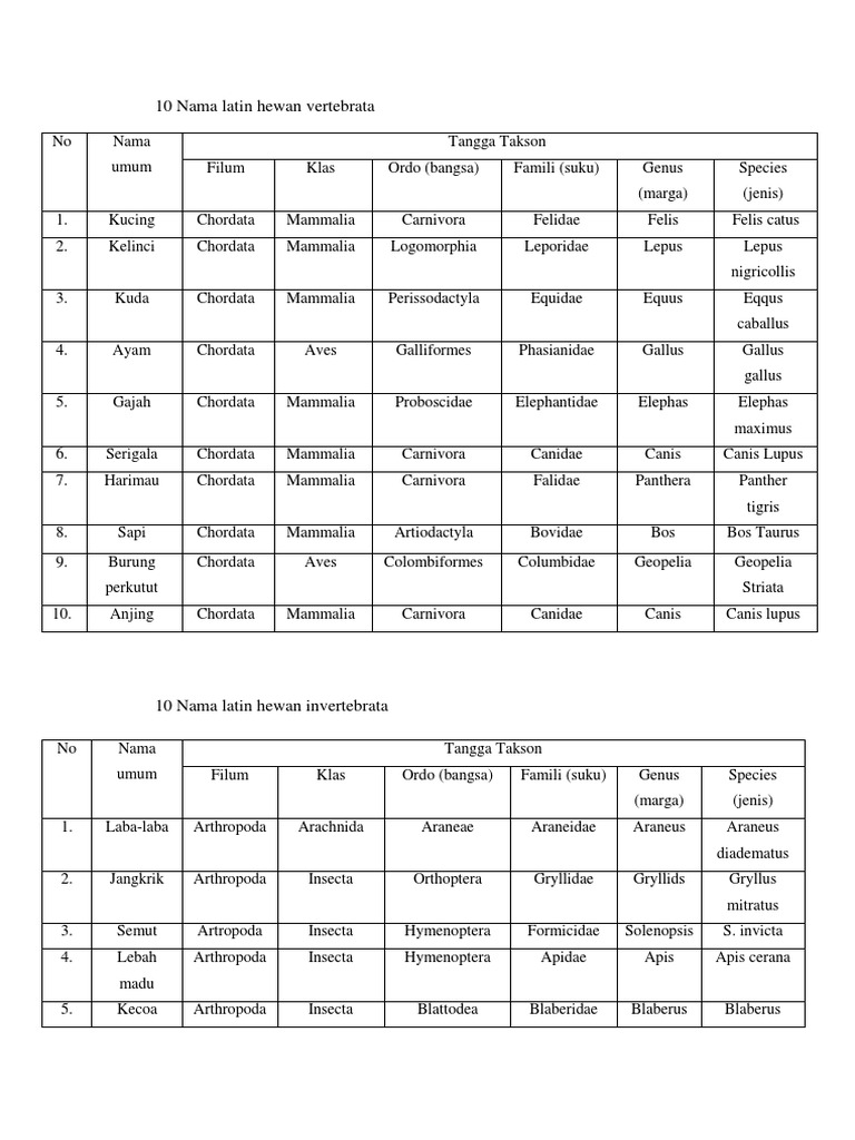 Tabel Klasifikasi Hewan | PDF