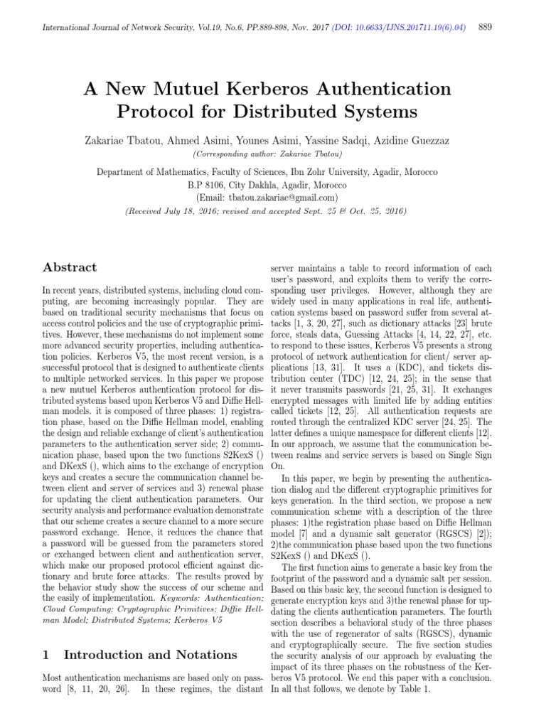 A New Mutuel Kerberos Authentication Protocol For Distributed Systems | PDF | Password | Key ...