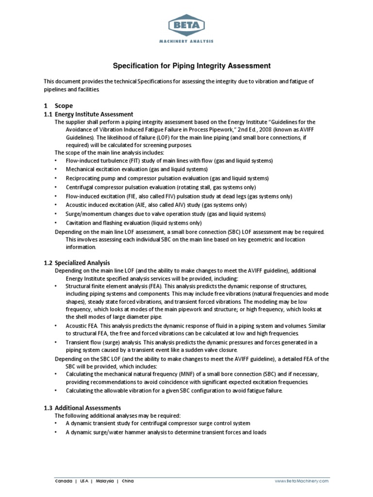 Piping Integrity Assessment Specifications | PDF | Pump | Pipe (Fluid ...