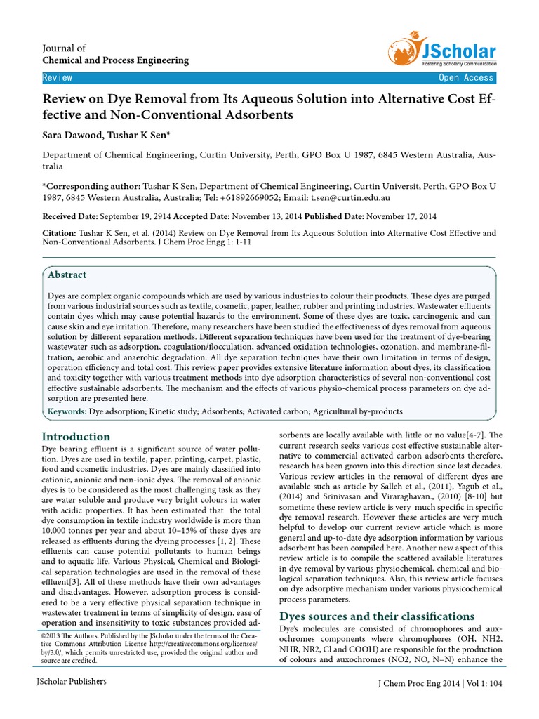 Review On Dye Removal From Its Aqueous Solution Into Alternative Cost ...