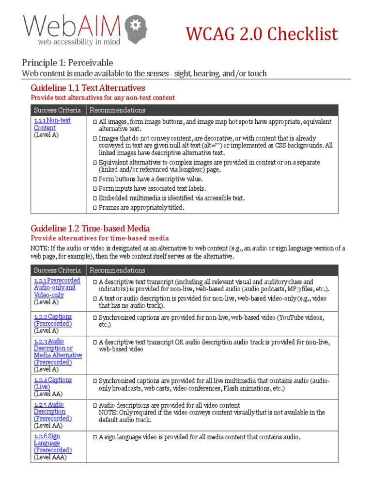 WCAG 2.0 Checklist: Principle 1: Perceivable | PDF | Html | World Wide Web