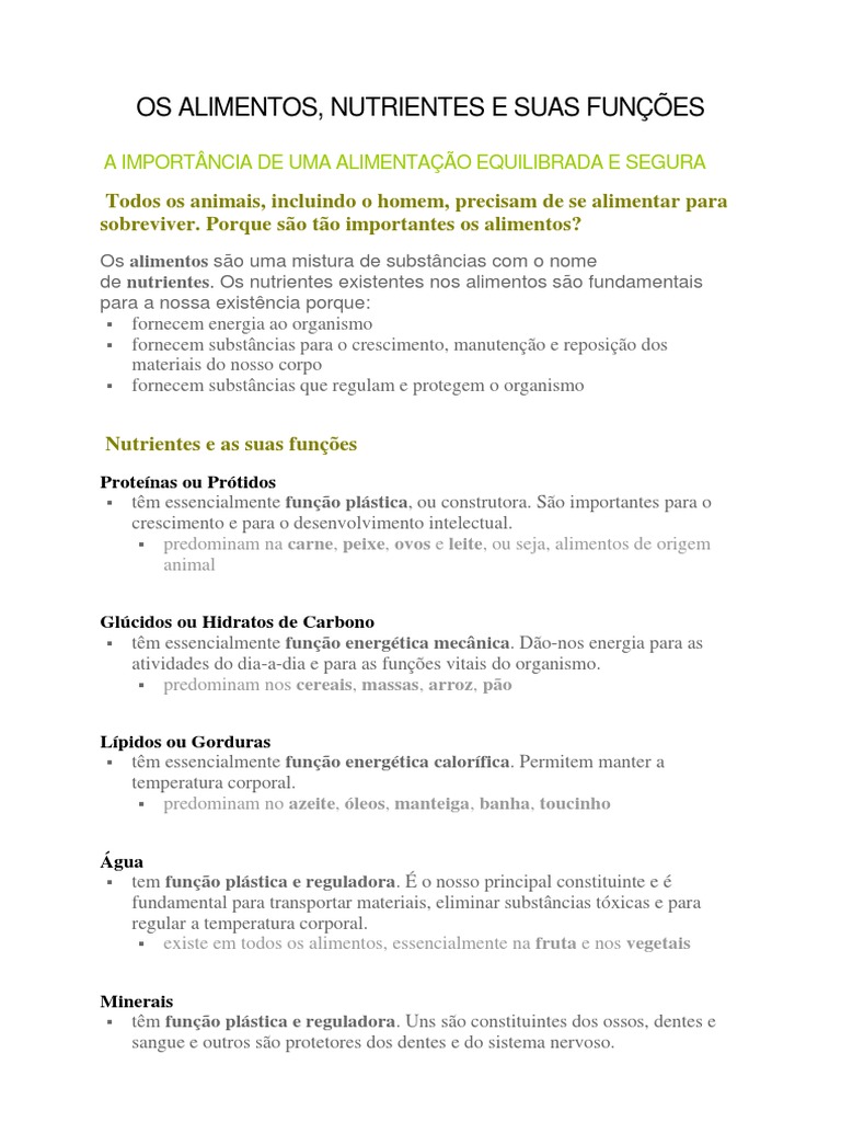 Os Alimentos, Nutrientes e Suas Funções | PDF | Vitamina | Nutrientes
