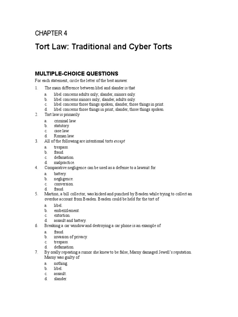 Tort Law: Traditional and Cyber Torts: Multiple-Choice Questions | PDF ...