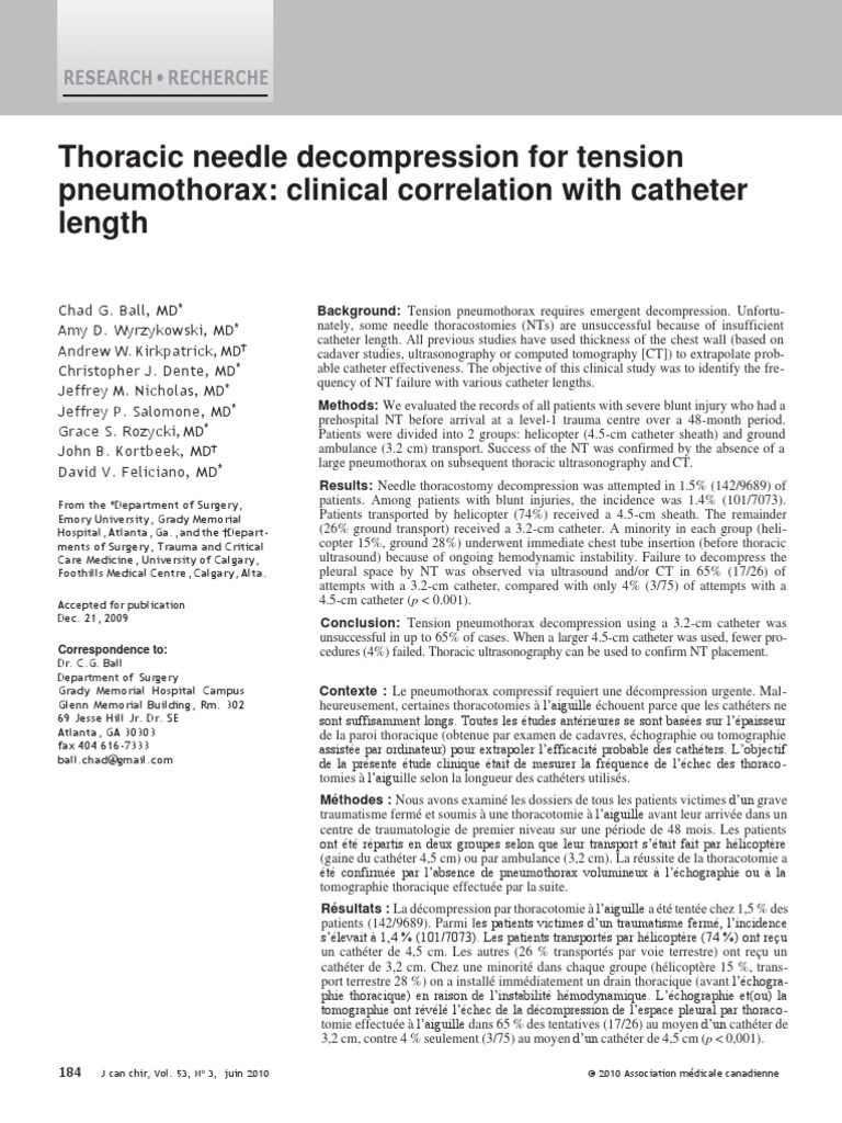 Thoracic Needle Decompression For Tension Pneumothorax: Clinical ...