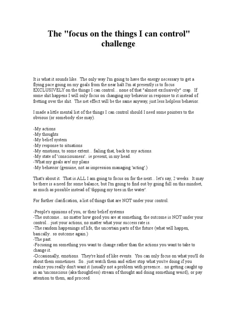 The "Focus On The Things I Can Control" Challenge | PDF | Stocks ...