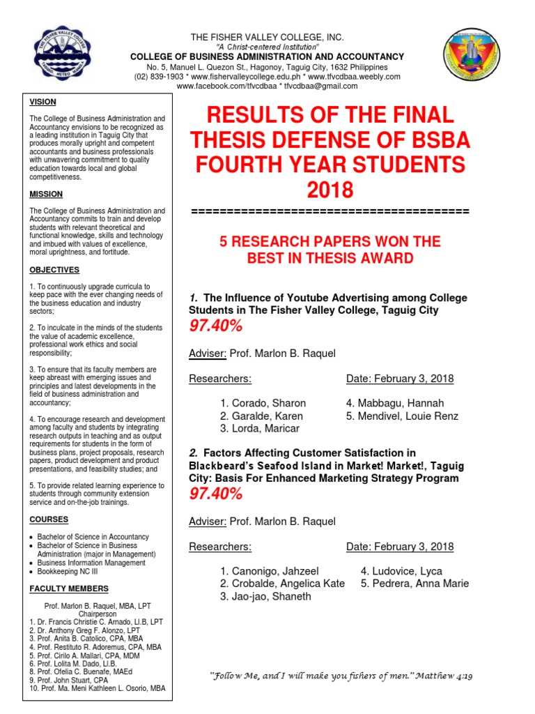 Bsba Theses Results 2018 | PDF | Master Of Business Administration | Thesis