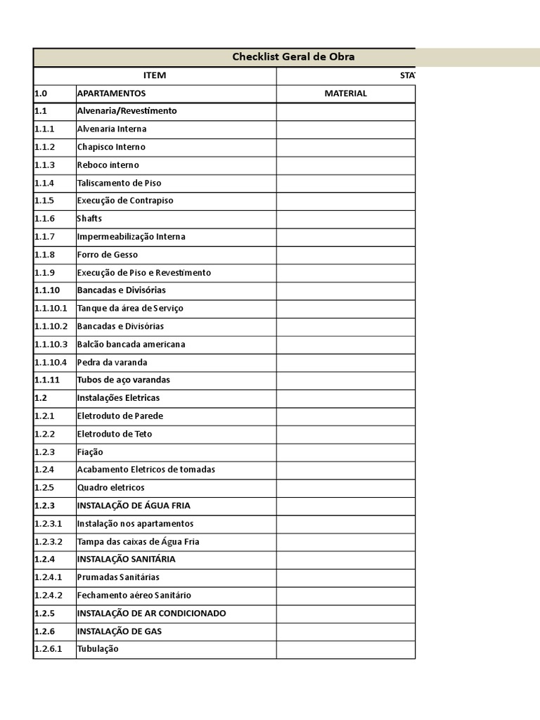 Modelo de Checklist Geral de Obra | Componentes | Elementos Arquitetônicos