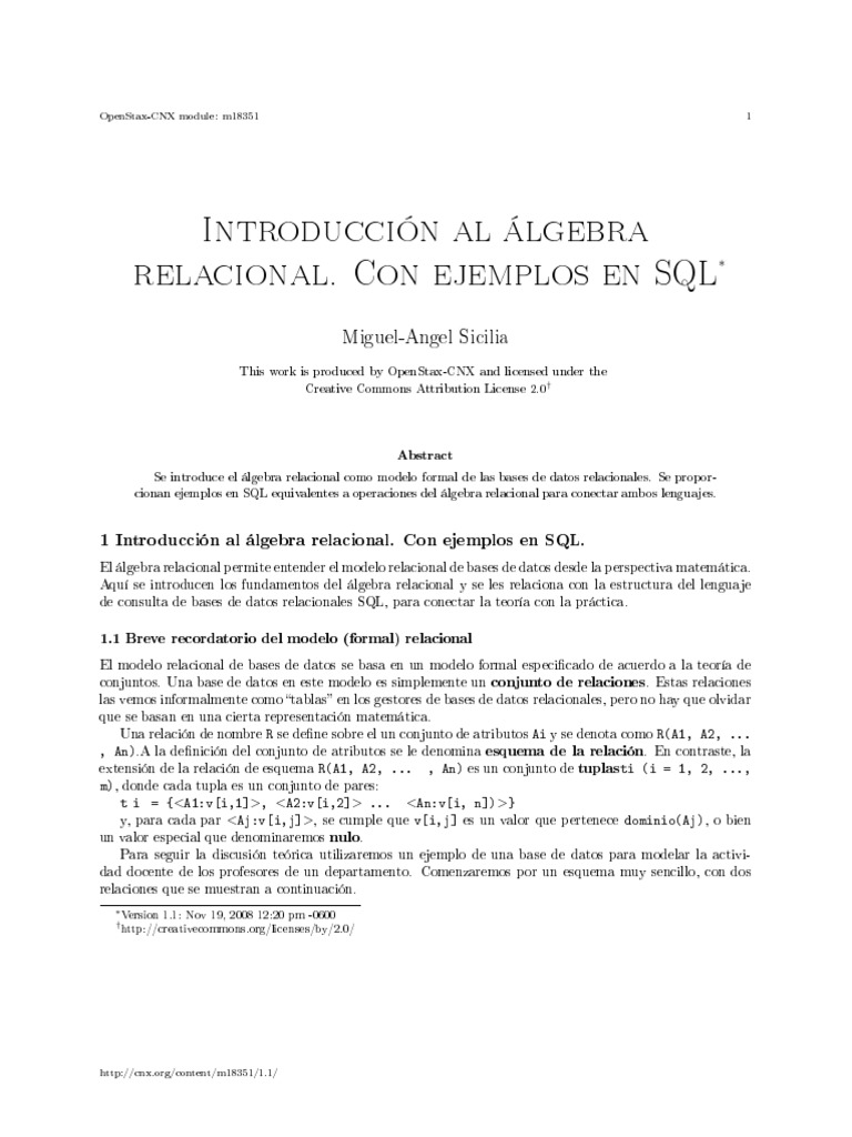 Introducción Al Álgebra Relacional Con Ejemplos en SQL 1 | PDF | Modelo relacional | SQL