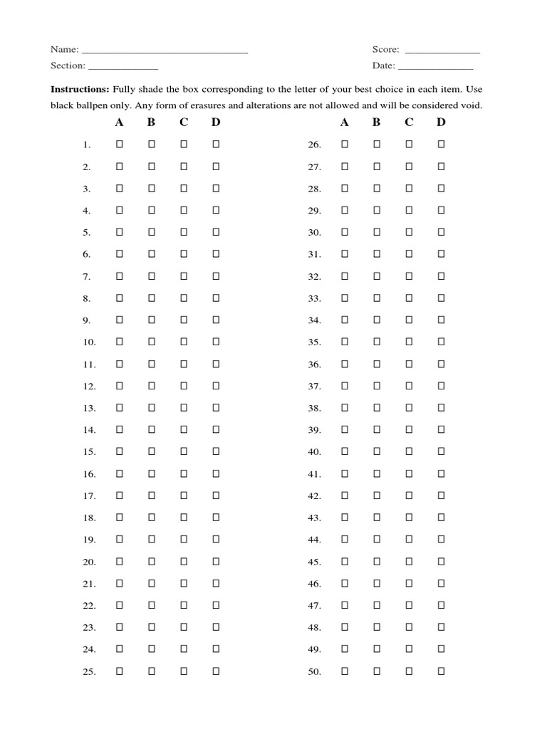 A B C D A B C D: Instructions: Fully Shade The Box Corresponding To The ...
