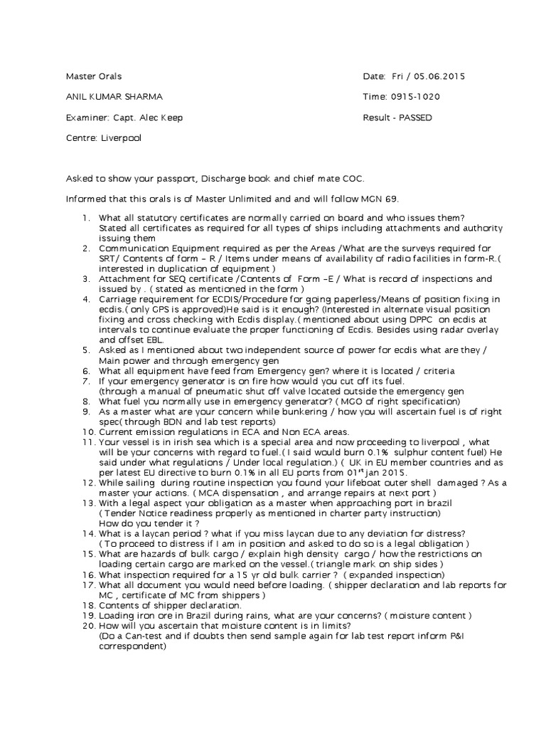 Master Orals Exam Results for Anil Kumar | PDF | Cargo | Water Transport