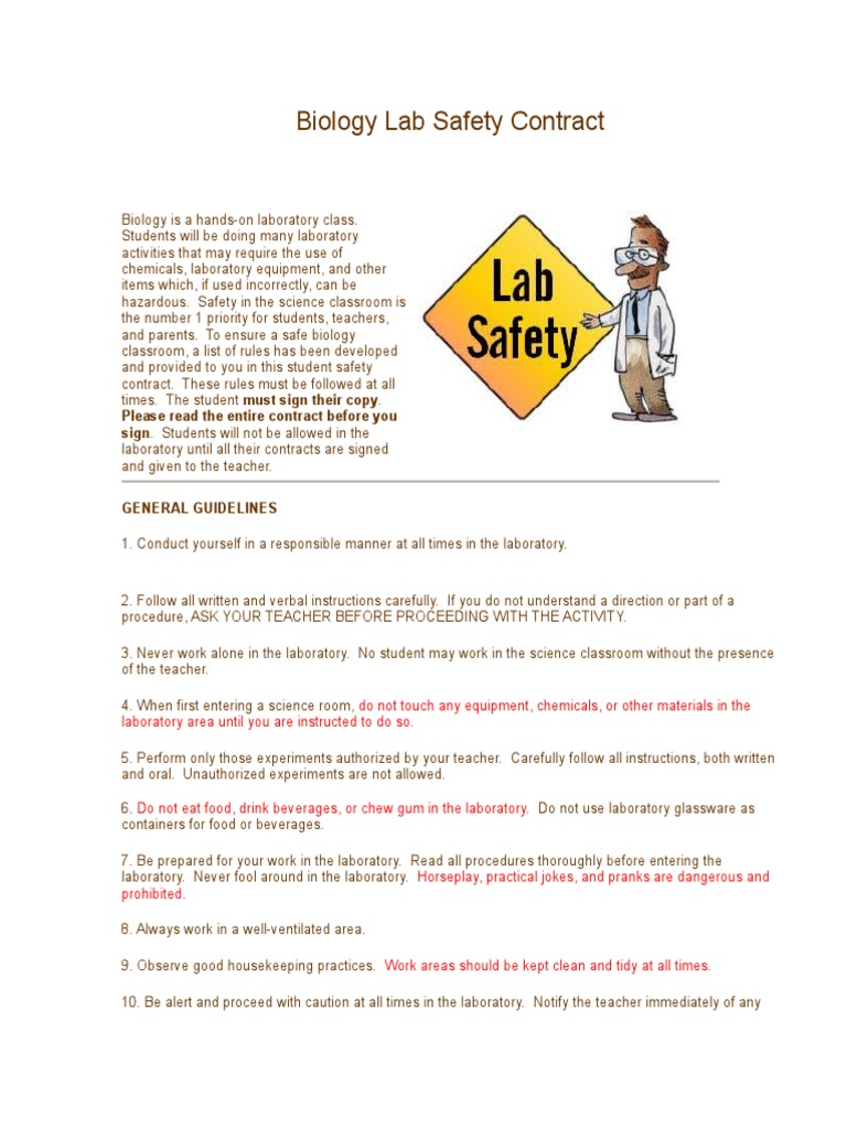 Biology Lab Safety Contract Guidelines | PDF | Laboratories | Nature
