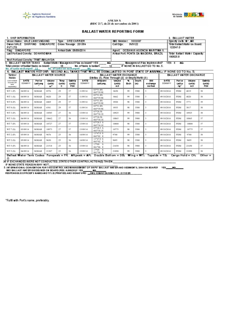 Ballast Water Reporting Form PORT HEALTH VOY 4 | PDF | Shipping | Watercraft