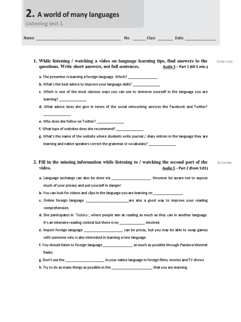 A World of Many Languages: Listening Test 1 | PDF | Vocabulary ...
