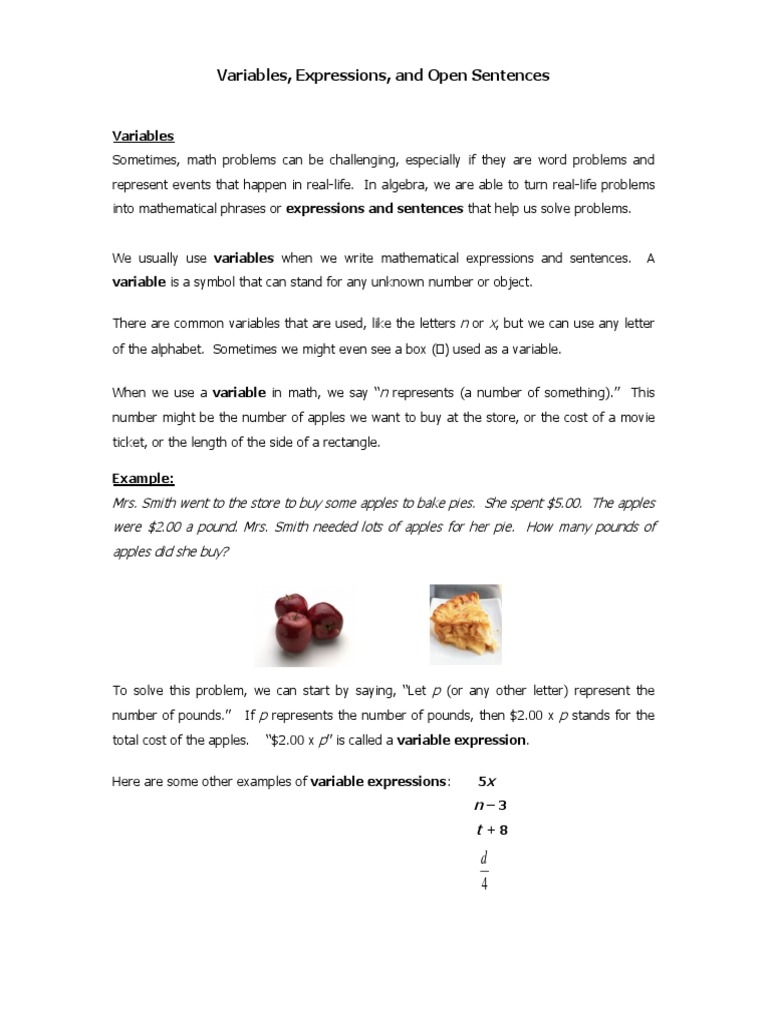 variables expressions and open sentences notes | Variable (Mathematics ...