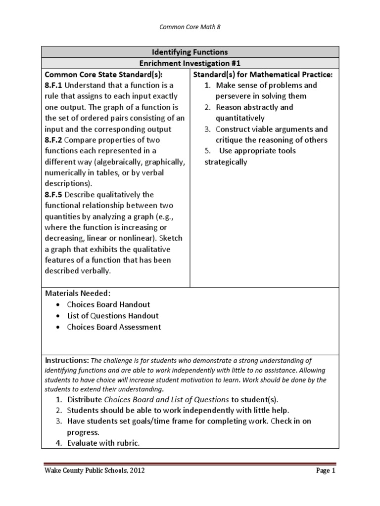 8th Grade Enrichment Invest. Unit 9-Identifying Functions | PDF ...