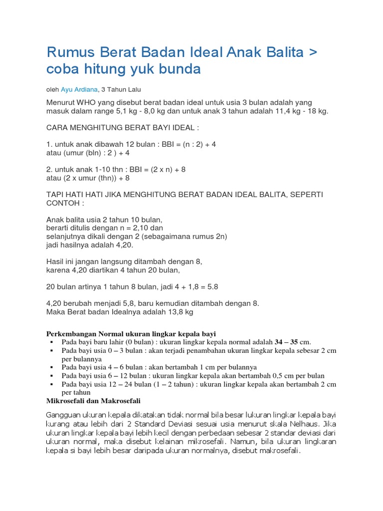 Rumus Berat Badan Ideal Anak Balita | PDF | Pengembangan Diri ...
