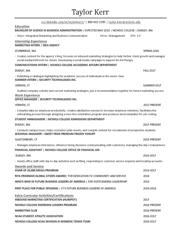 Taylor Kerr Resume | PDF | Internship | Job Hunting