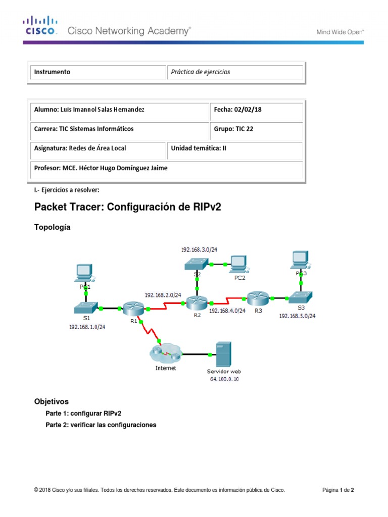 3.2.1.8 Packet Tracer - Configuring RIPv2 Instructions | PDF | Enrutador (Computación) | Redes