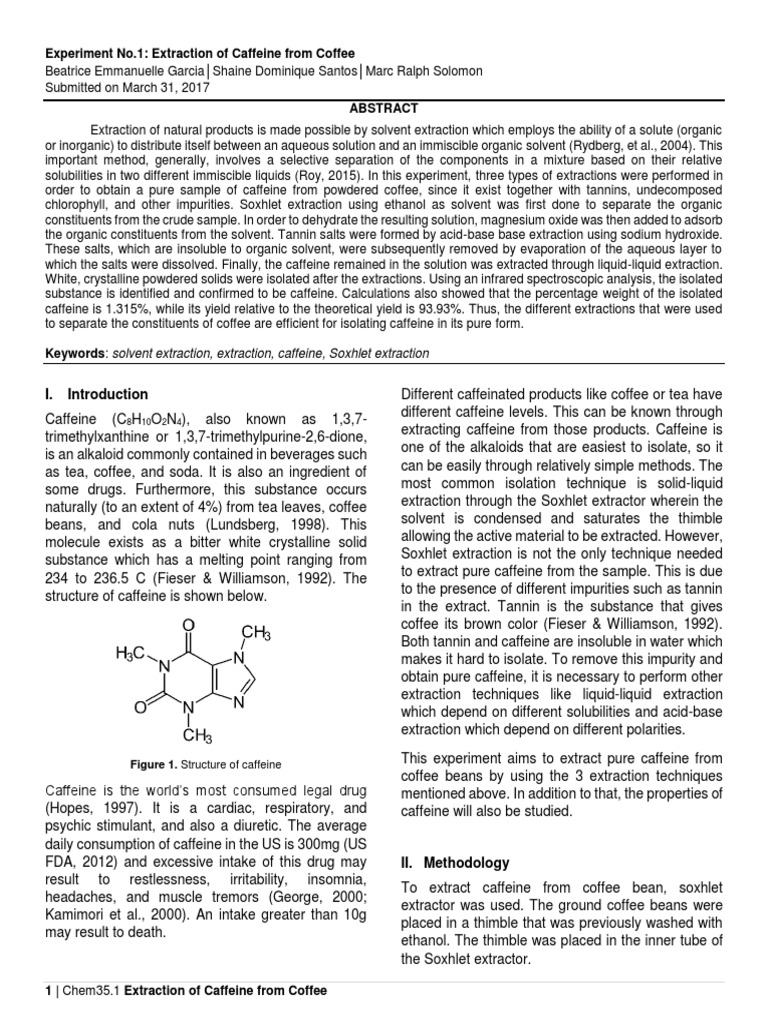 Experiment No.1: Extraction of Caffeine From Coffee | PDF | Solubility ...