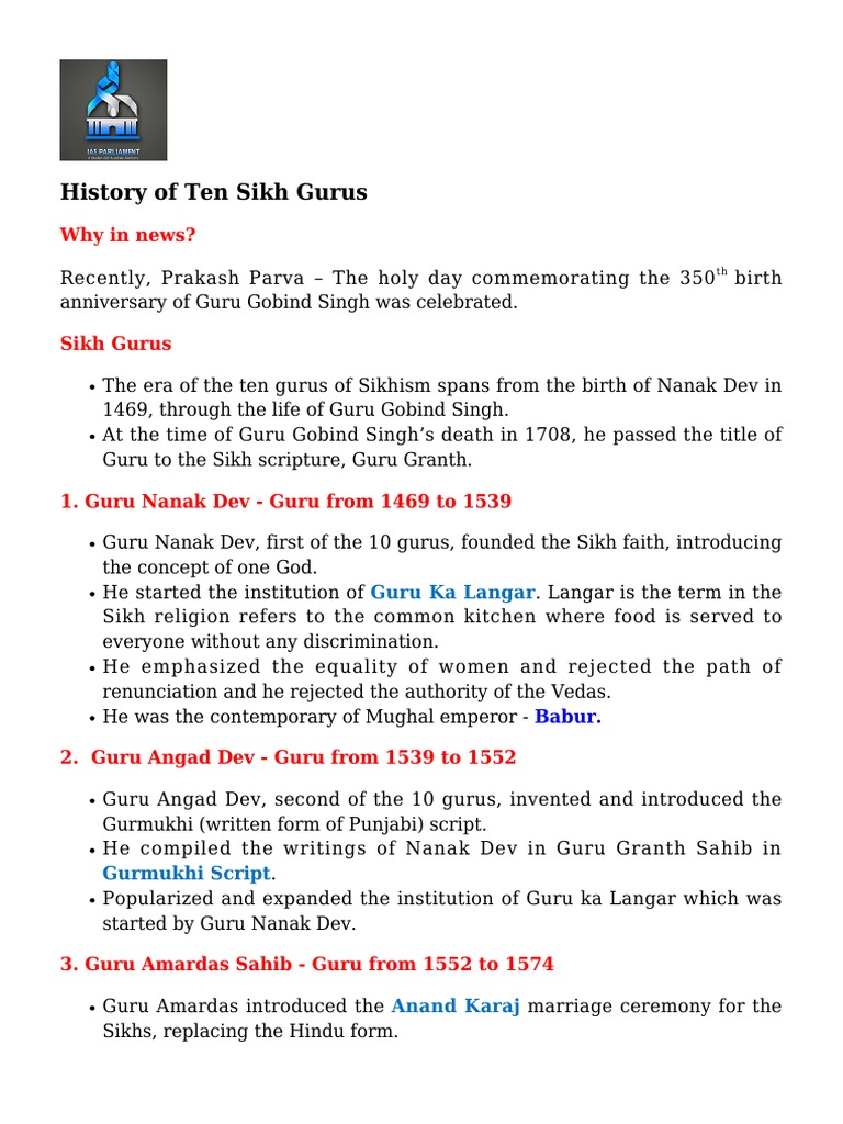 History of Ten Sikh Gurus | PDF | Guru Granth Sahib | Guru Nanak