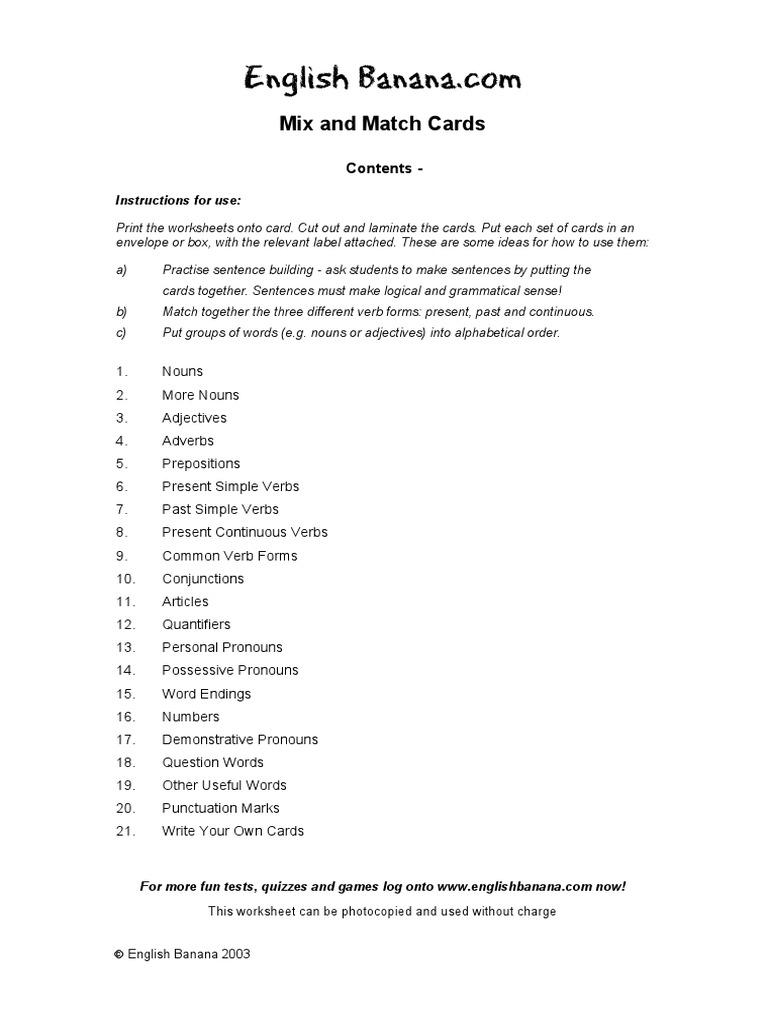 Mix and Match Cards Basic Sentence Building Kit Eg19 PDF | PDF | Noun ...