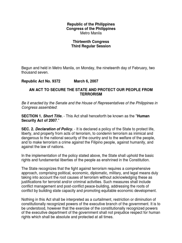 Human Security Act of 2007 | PDF | Arrest | Detention (Imprisonment)