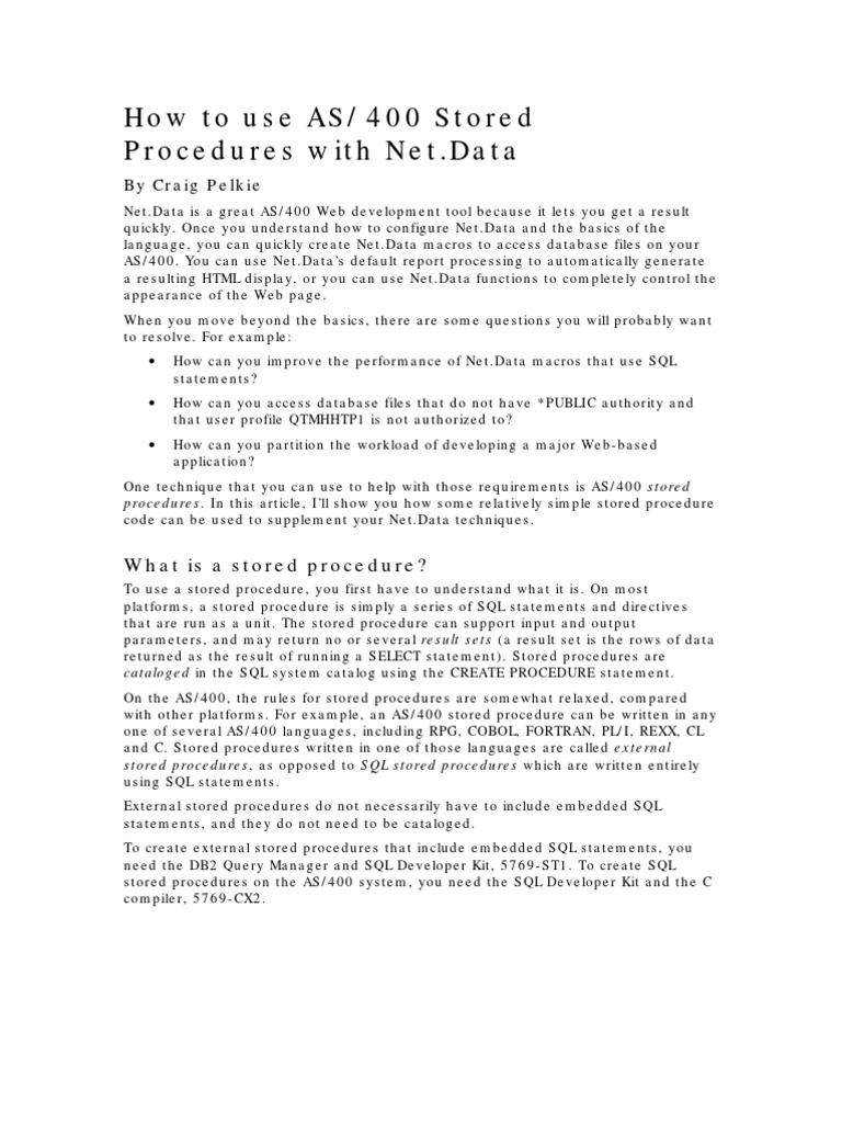 How To Use As 400 Stored Procedures With Net Data By Craig Pelkie Pdf Parameter Computer