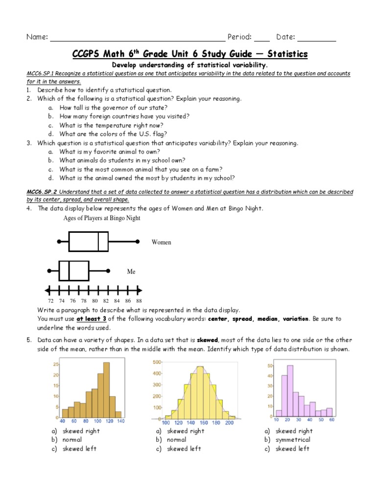 CCGPS Math 6 Grade Unit 6 Study Guide - Statistics: Name: Period: Date ...