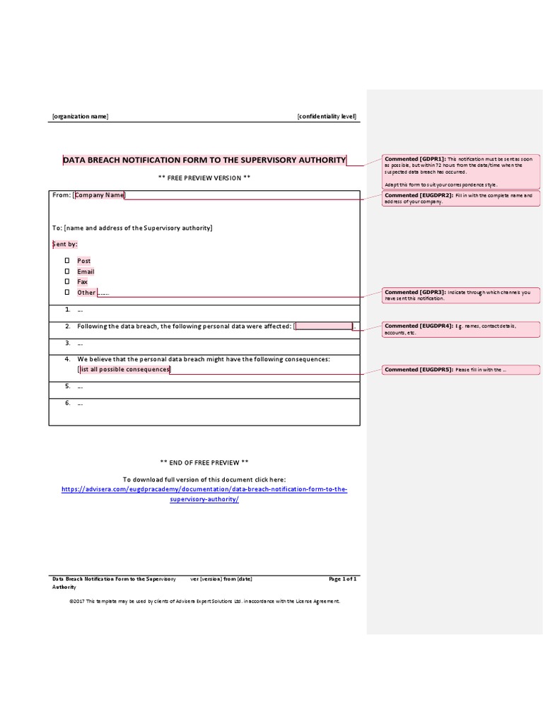 9.3 Data Breach Notification Form To The Supervisory Authority Preview ...