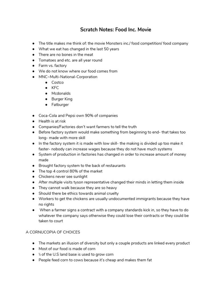 Scratch Notes Food Inc | PDF | Monsanto | Foods