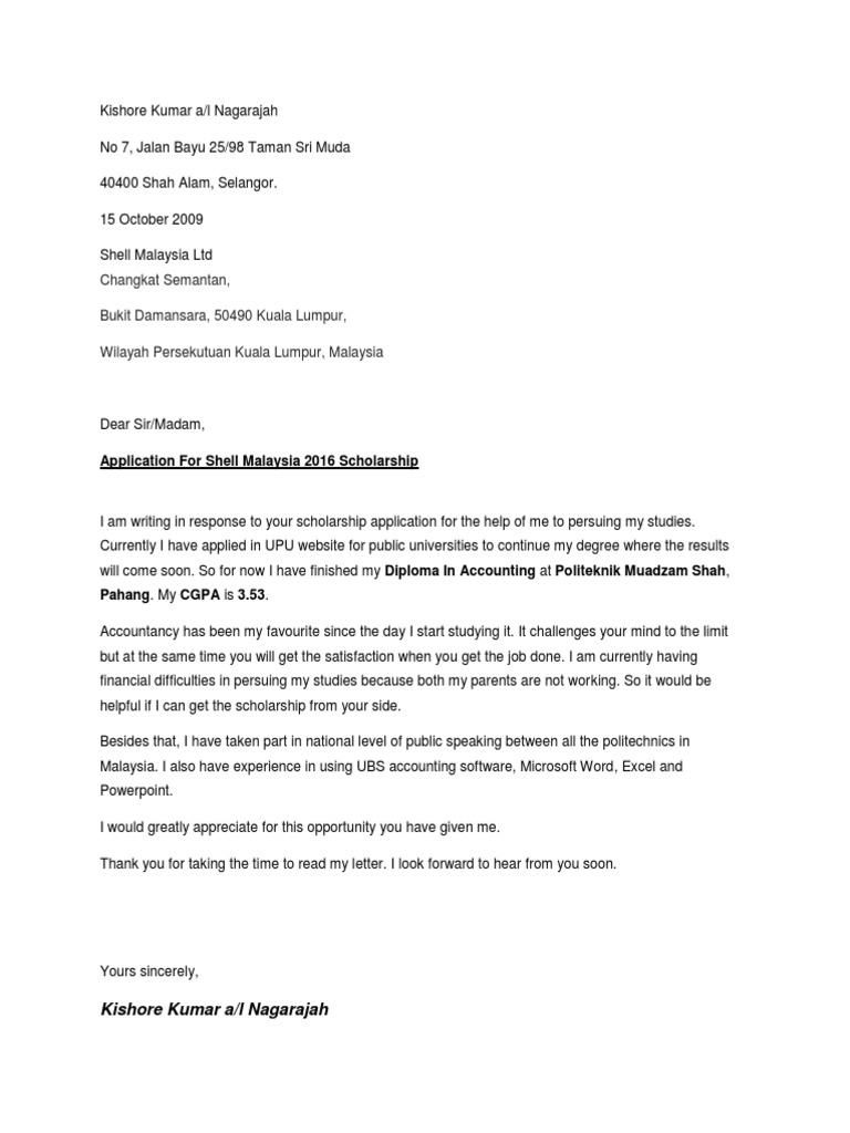 Shell Malaysia Scholarship Application Letter | PDF