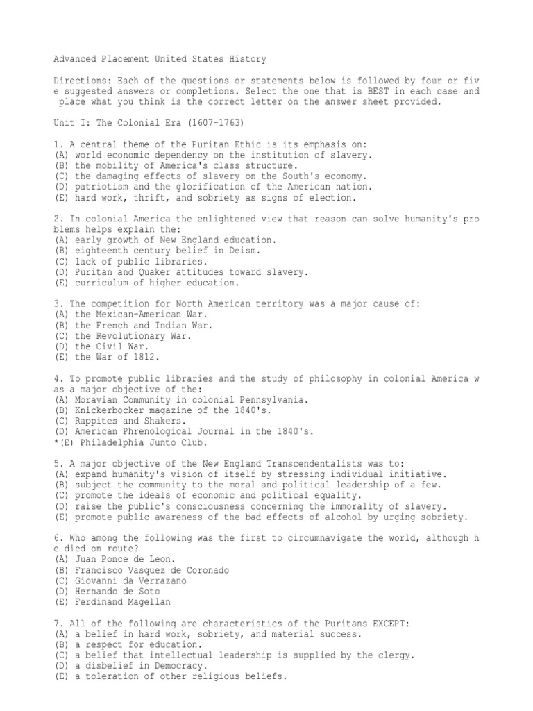 APUSH Exam Practice: Colonial Era Focus | PDF | American Revolution ...