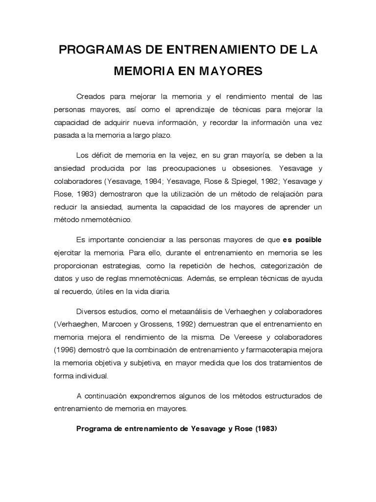 Programa de Entrenamiento de La Memoria en Personas Mayores | PDF ...