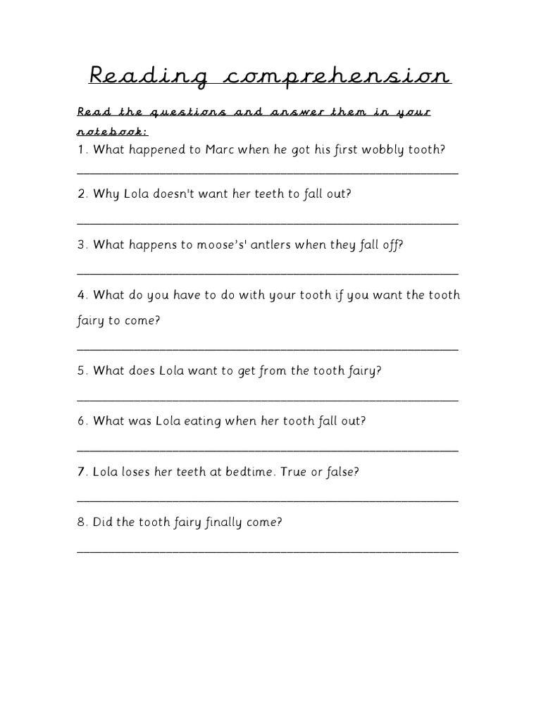 Reading Comprehension: Read The Questions and Answer Them in Your ...