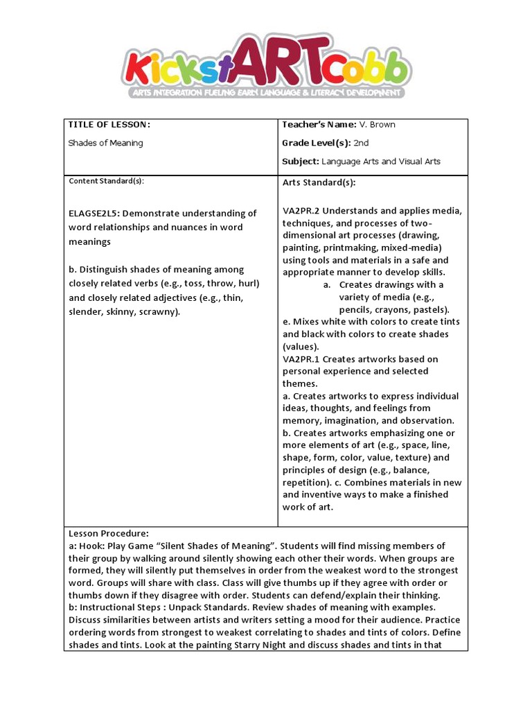 Title of Lesson: Teacher's Name: V. Brown Grade Level(s) : 2nd Subject ...